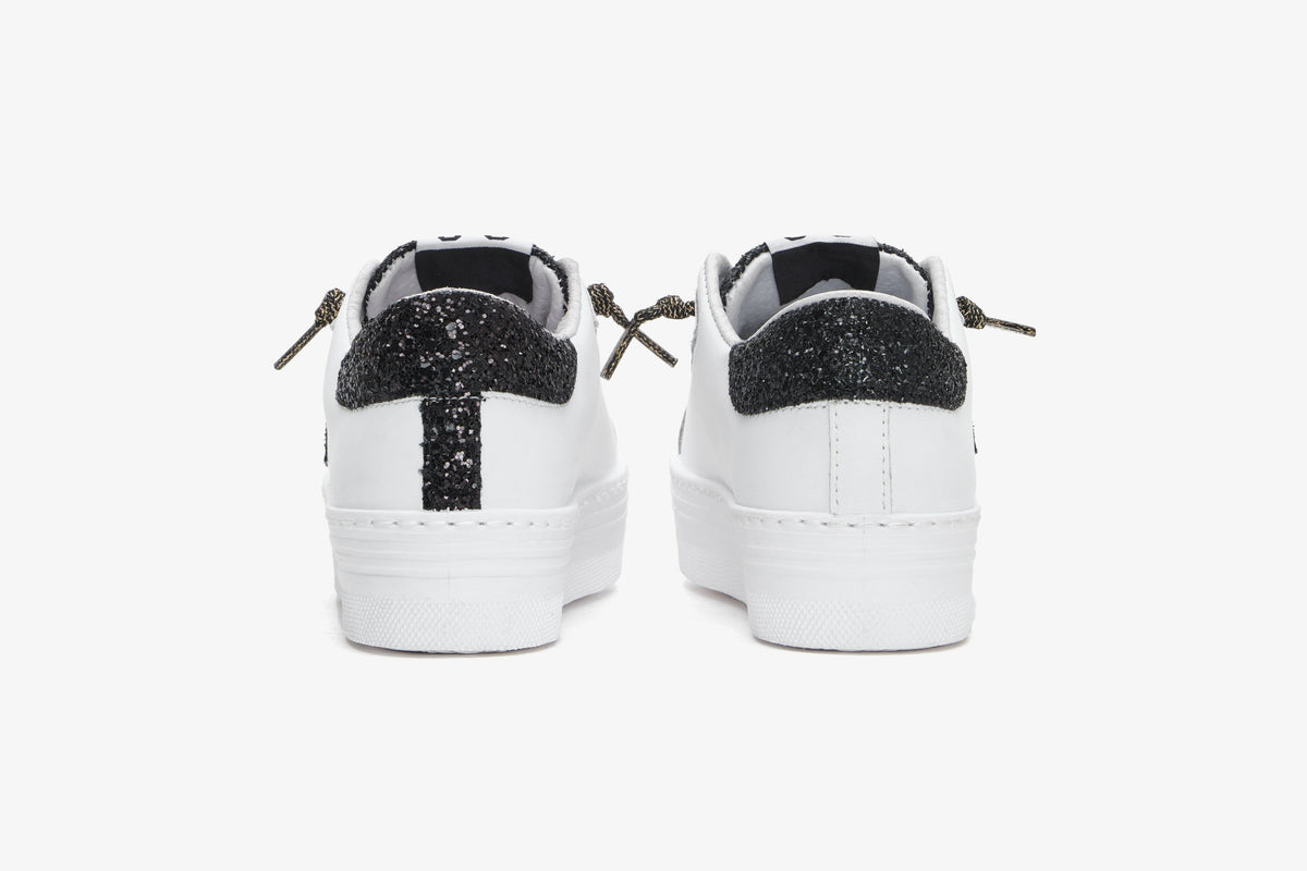 LITTLE PLAT SNEAKERS IN WHITE LEATHER WITH BLACK AND GOLD GLITTER DETA ...