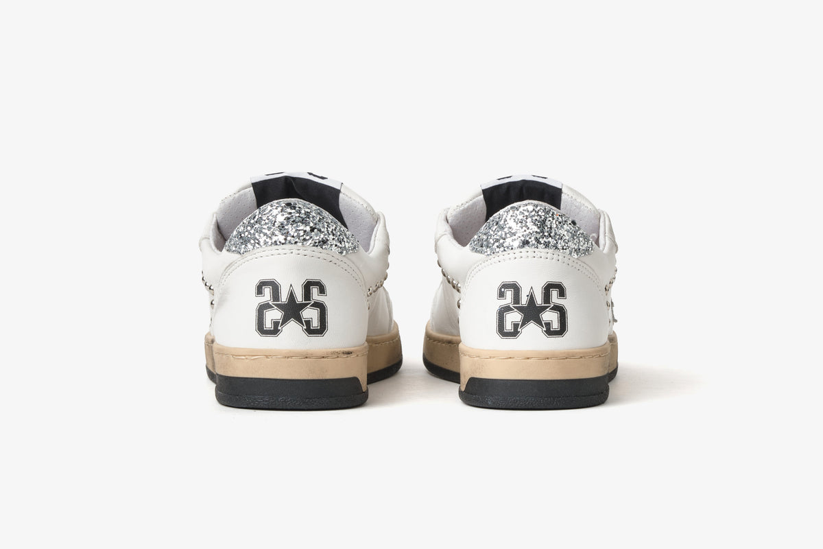 SNEAKER WEEK STAR IN PELLE BIANCA CON DETTAGLI GLITTER ARGENTO, BORCHI ...